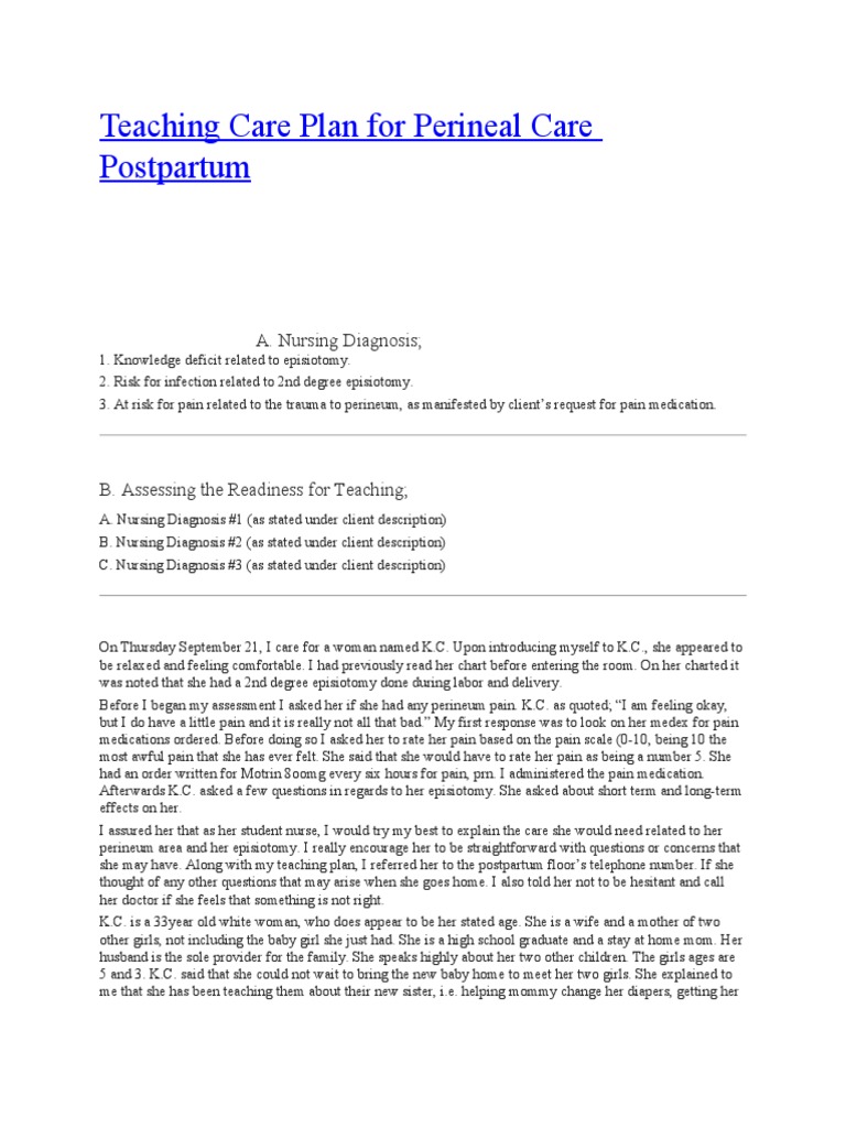 Postpartum Perineal Care Teaching Plan | PDF | Medical Specialties ...
