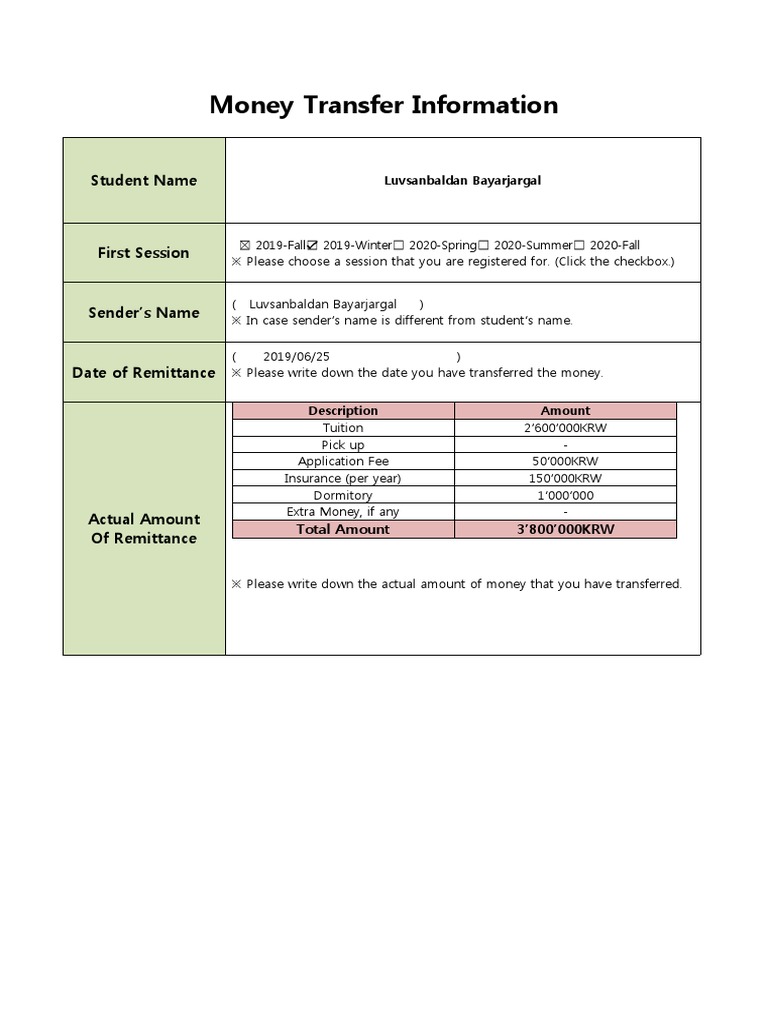 Money Transfer Details for Tuition | PDF