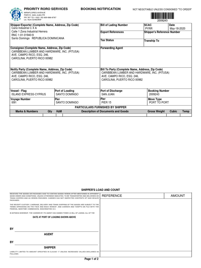 Priority Roro Services Booking Notification | PDF | Bill Of Lading | Cargo