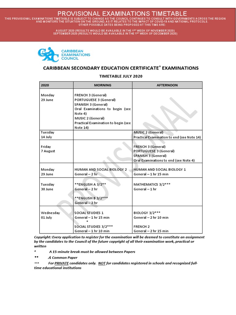 Timetable CSEC July 2020 PDF | PDF | Test (Assessment) | Engineering