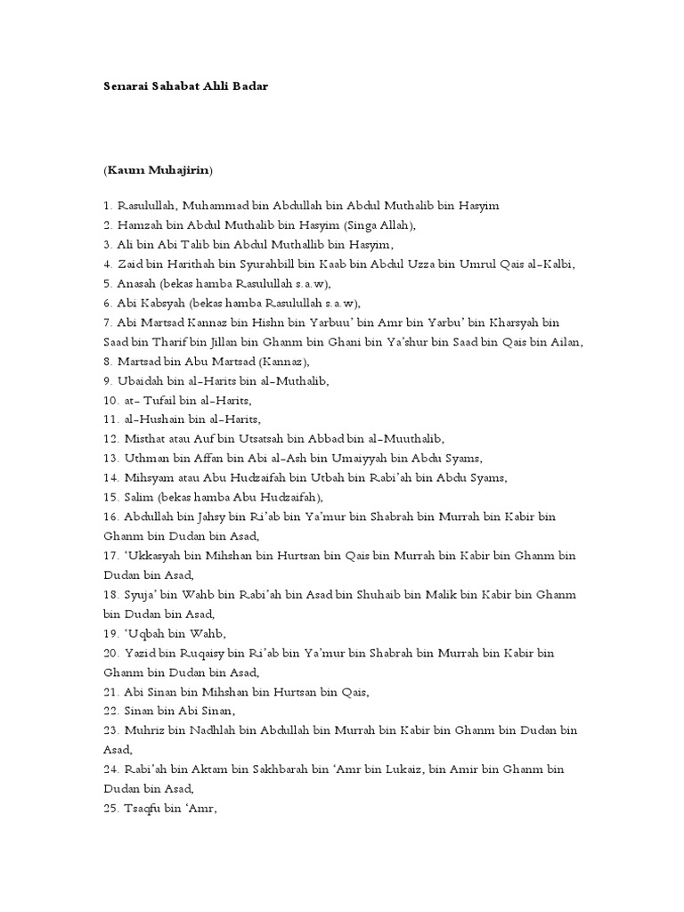 Nama-Nama Sahabat Ahli Badar RA | PDF | Arabs | Sahabah