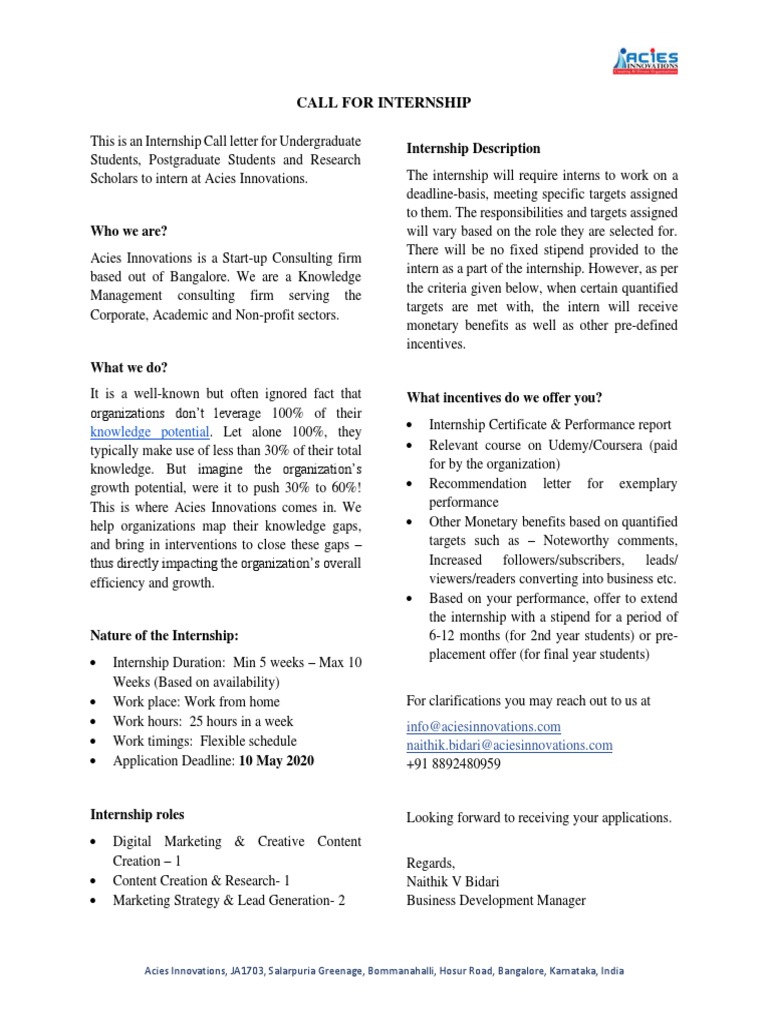 Call For Internship - ACIES Innovations | PDF | Résumé | Internship