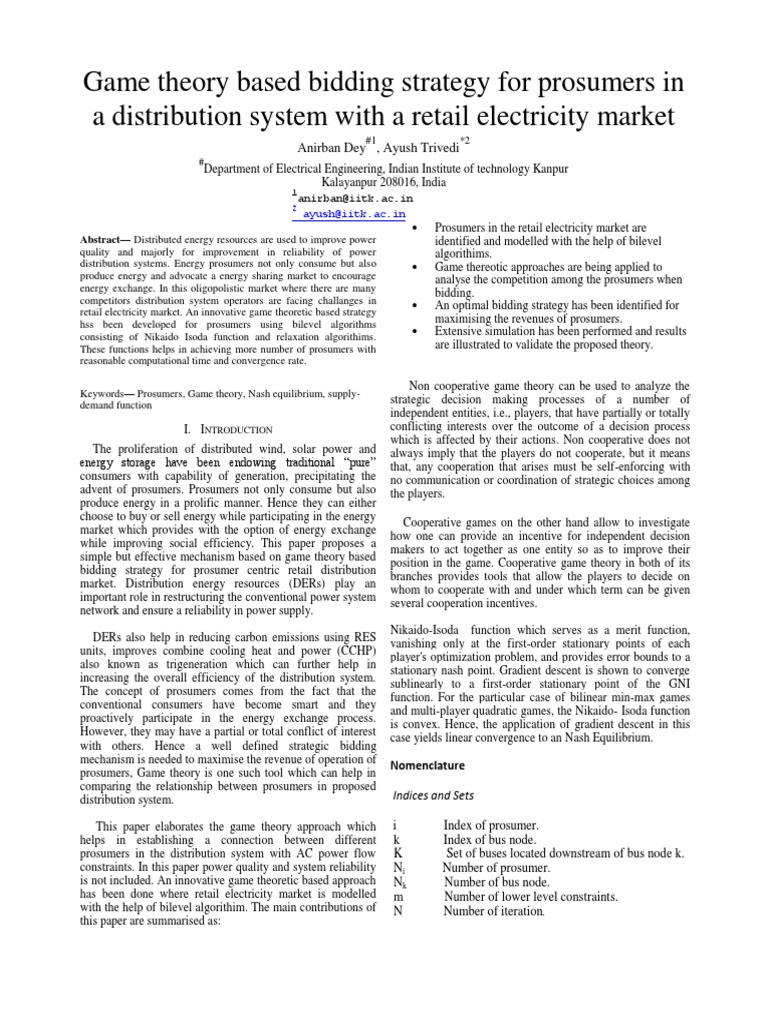 Game Theory Based Bidding Strategy For Prosumers in A Distribution ...