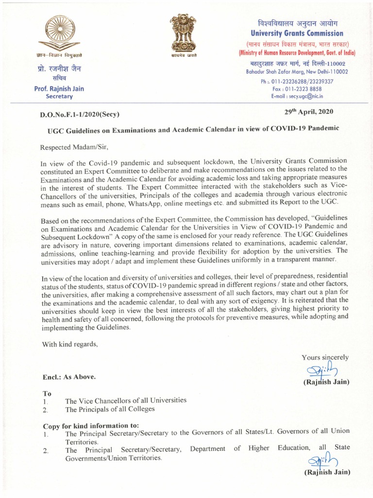 Letter Regarding UGC Guidelines On Examinations and Academic Calendar ...