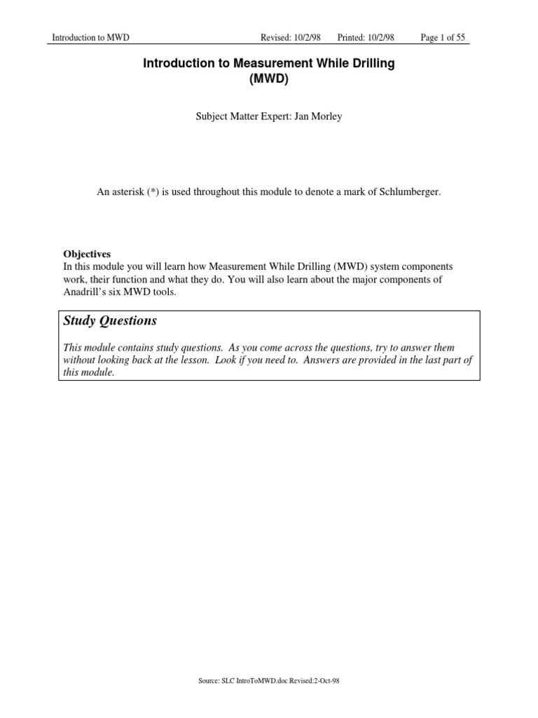Introduction To Measurement While Drilling (MWD) : Study Questions ...