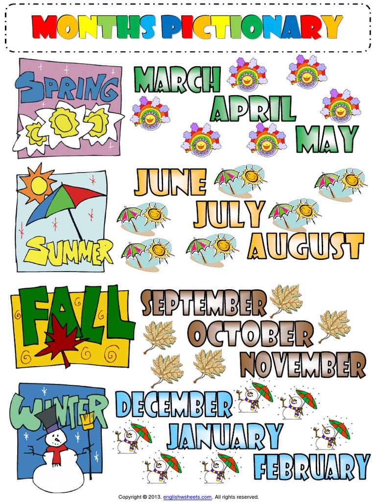 Months of The Year Seasons Theme Vocabulary Pictionary Poster Worksheet ...