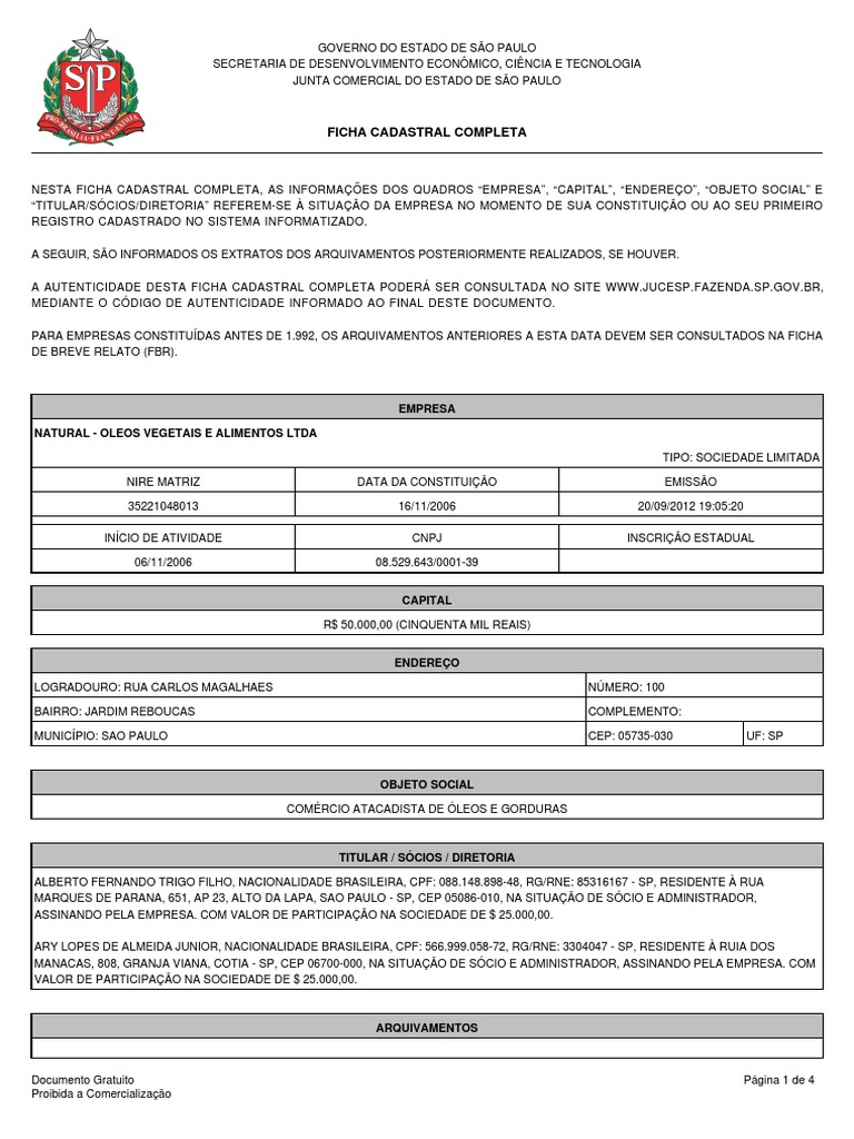Modelo de Uma Ficha Cadasatral Completa Da Junta Comercial de São Paulo ... Modelo de Uma Ficha Cadasatral Completa Da Junta Comercial de São Paulo ...