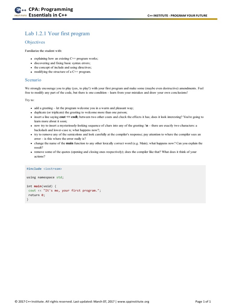 Cpa Programming Essentials In C Lab 121 Your First Program Pdf 9295