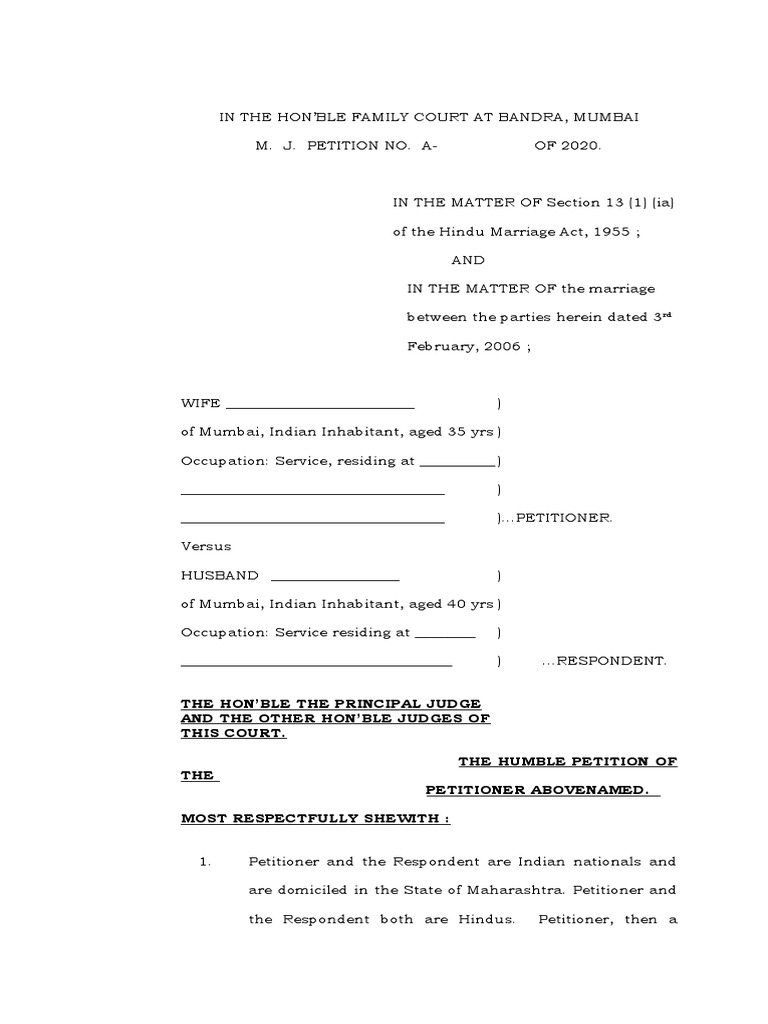 DIVORCE PETITION-CRUELTY Sample Plaint | PDF | Marriage | Child Care