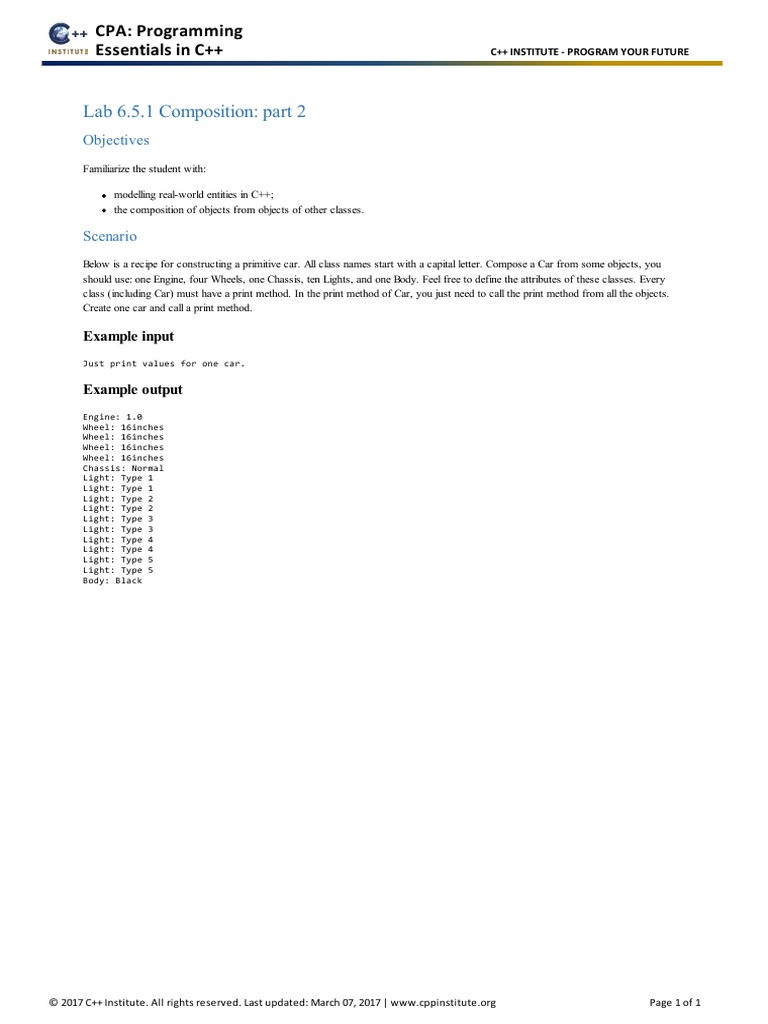 CPA: Programming Essentials in C++: Lab 6.5.1 Composition: Part 2 | PDF