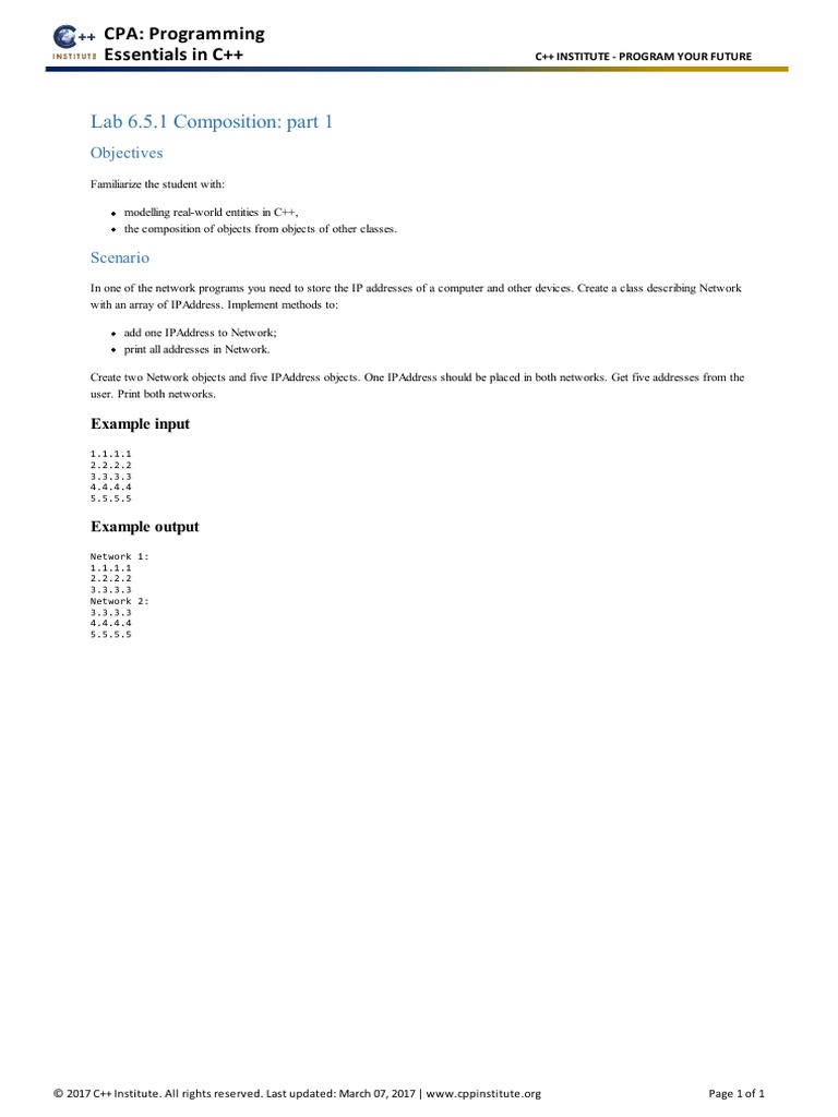 CPA: Programming Essentials in C++: Lab 6.5.1 Composition: Part 1 | PDF