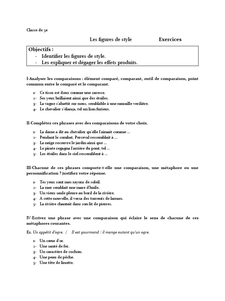 Exercices sur les figures de style 5e | PDF