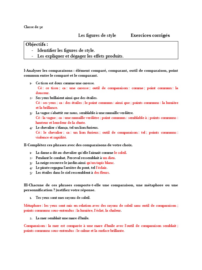 Les Figures de Style - Exercices Corrigés | PDF | Métaphore