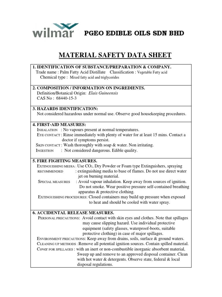 Material Safety Data Sheet: Pgeo Edible Oils SDN BHD | Download Free ...