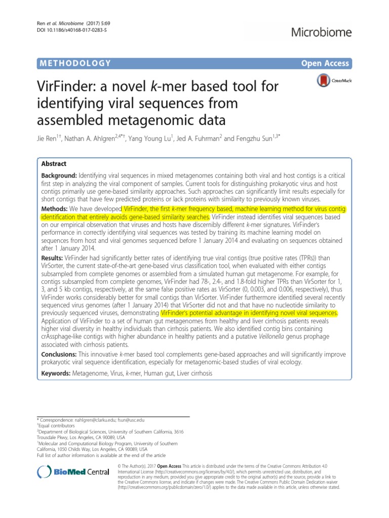 Virfinder: A Novel K-Mer Based Tool For Identifying Viral Sequences From Assembled Metagenomic ...