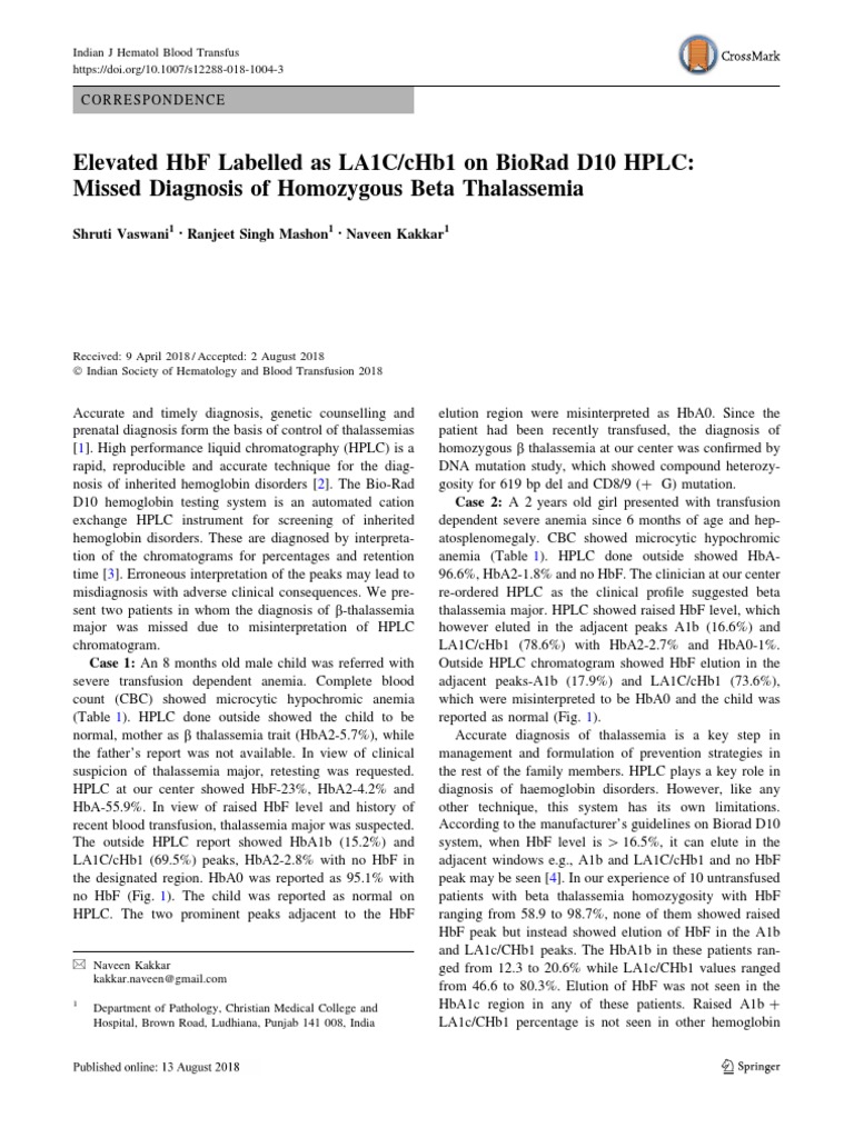 Elevated HBF Labelled As LA1CcHb1 On BioRad D10 HPLC | PDF | High ...