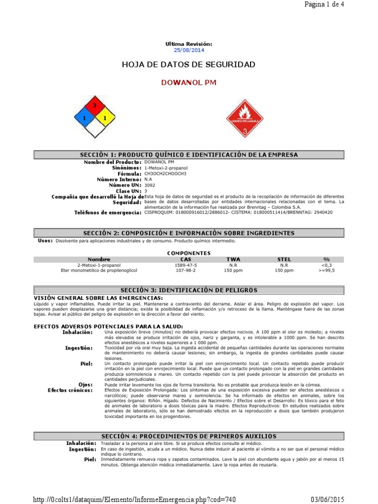 Hoja de Seguridad de Dowanol PM | PDF | Combustión | Agua