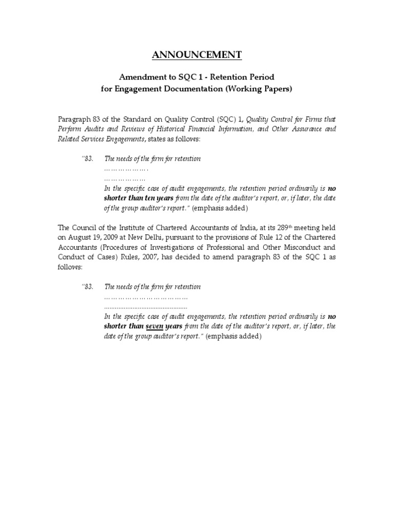 ICAI Announcement On Amendment To SQC 1 - Retention Period For ...
