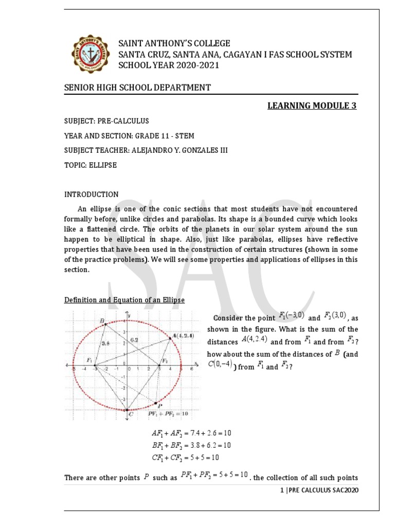 Precalculus Module 3 Pdf Ellipse Cartesian Coordinate System