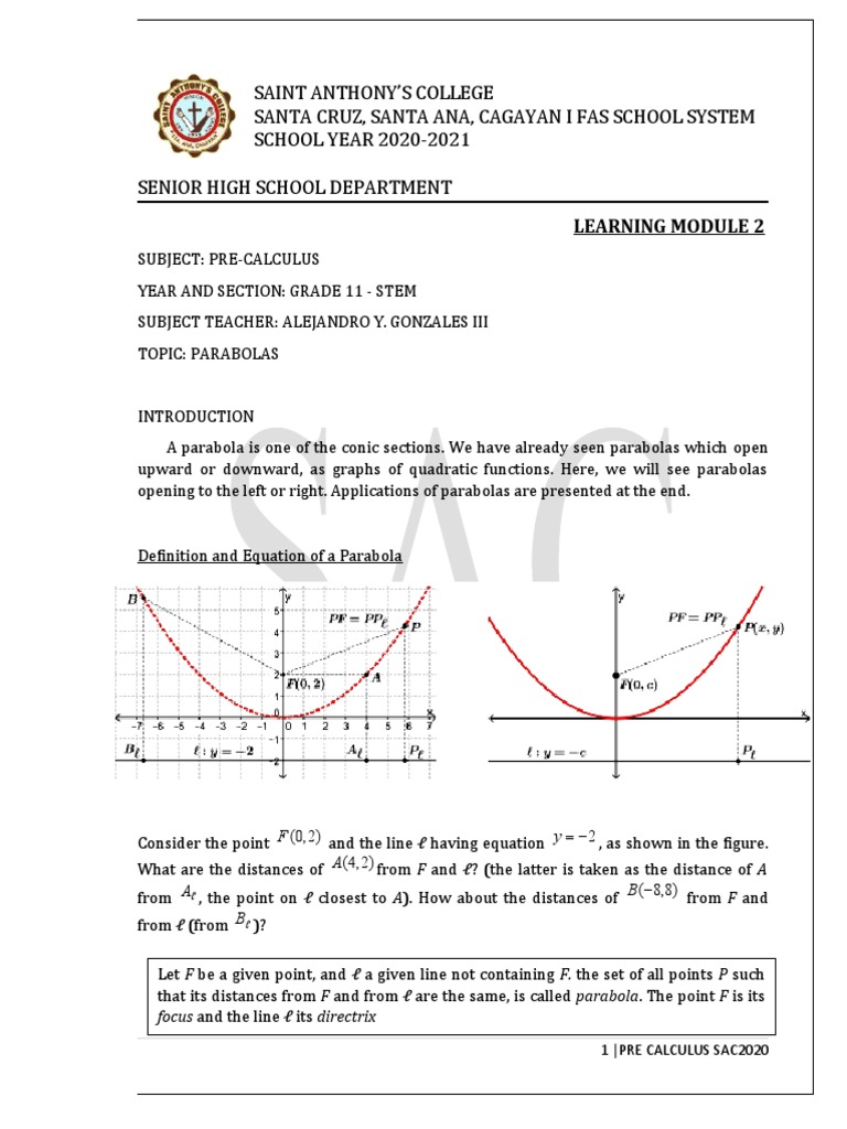 Standard Equations and Properties of Parabolas with Examples | PDF ...