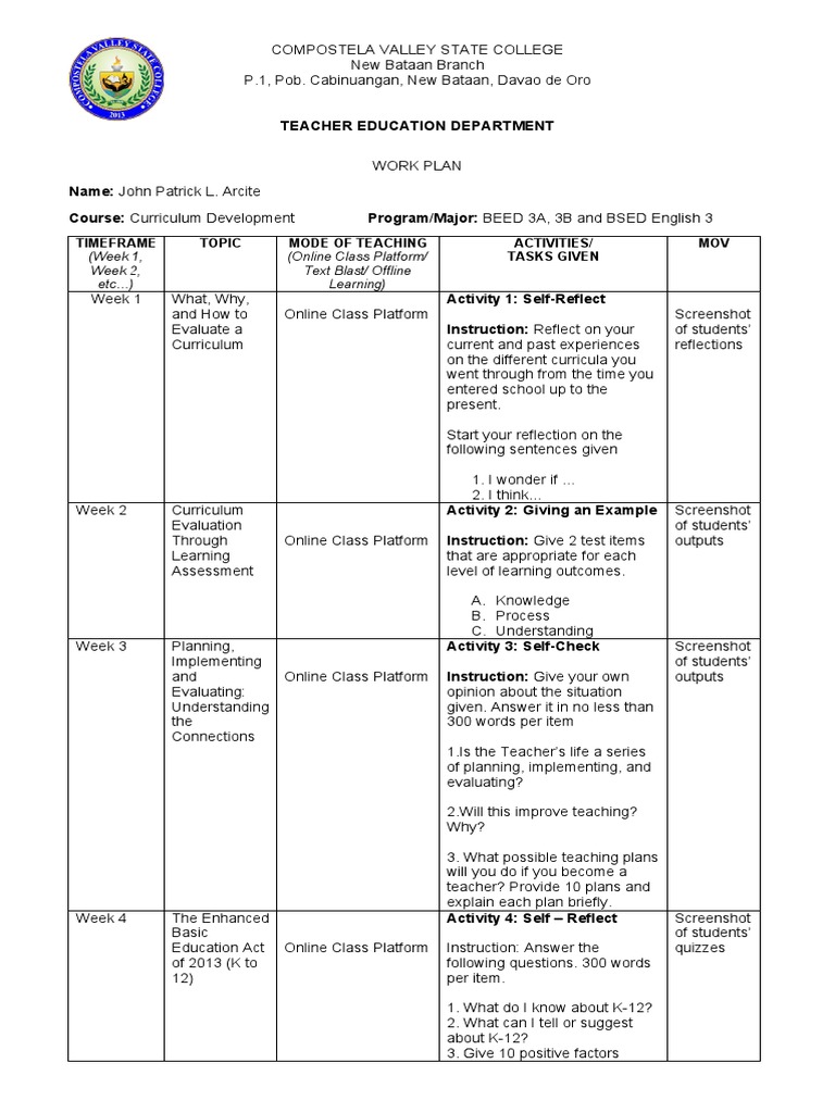 Curriculum Development Work Plan | PDF | Test (Assessment) | Curriculum