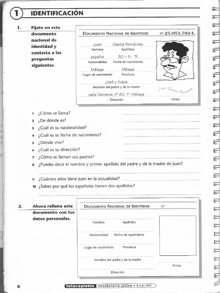 Vocabulario activo 1 identificación | PDF