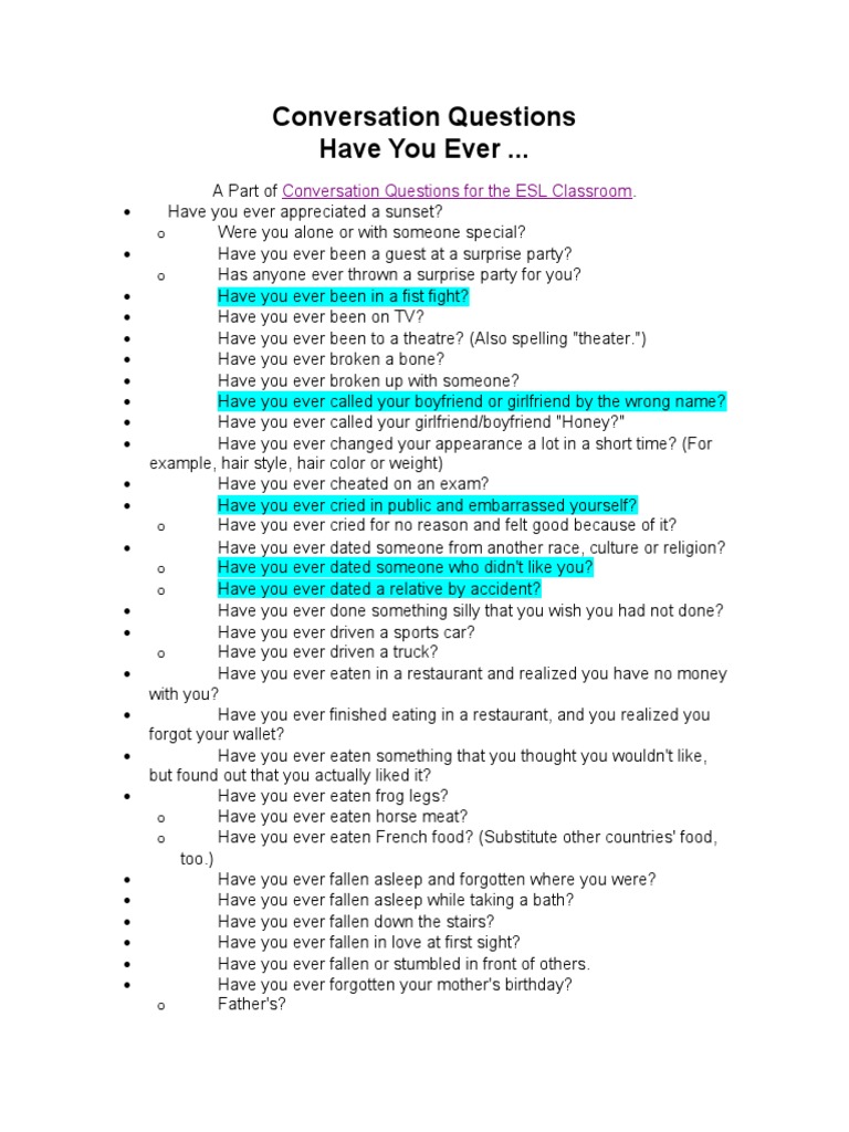 ESL "Have You Ever" Questions | PDF