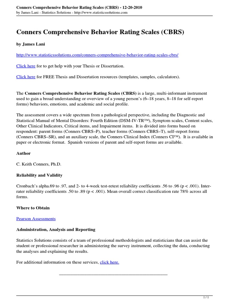 Conners Comprehensive Behavior Rating Scales (CBRS) : by James Lani ...