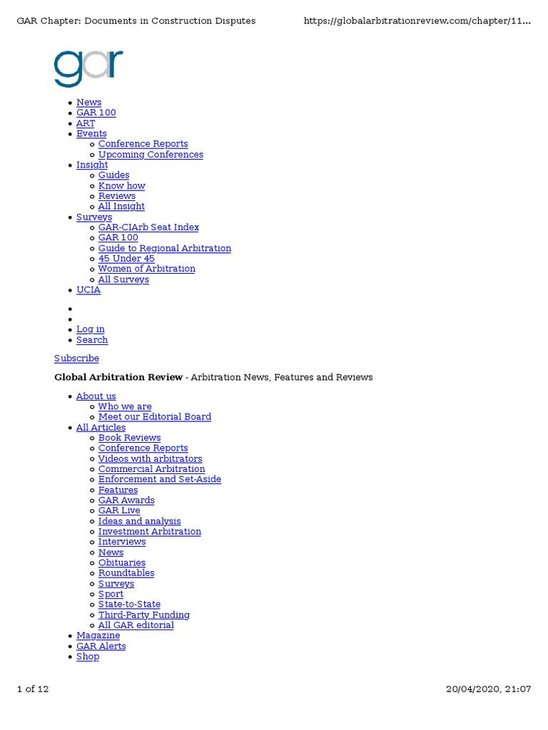 GAR Chapter: Documents in Construction Disputes: Global Arbitration ...