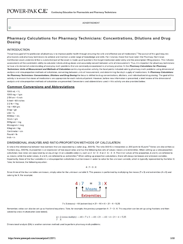Pharmacy Calculations For Pharmacy Tech... Centrations, Dilutions and ...