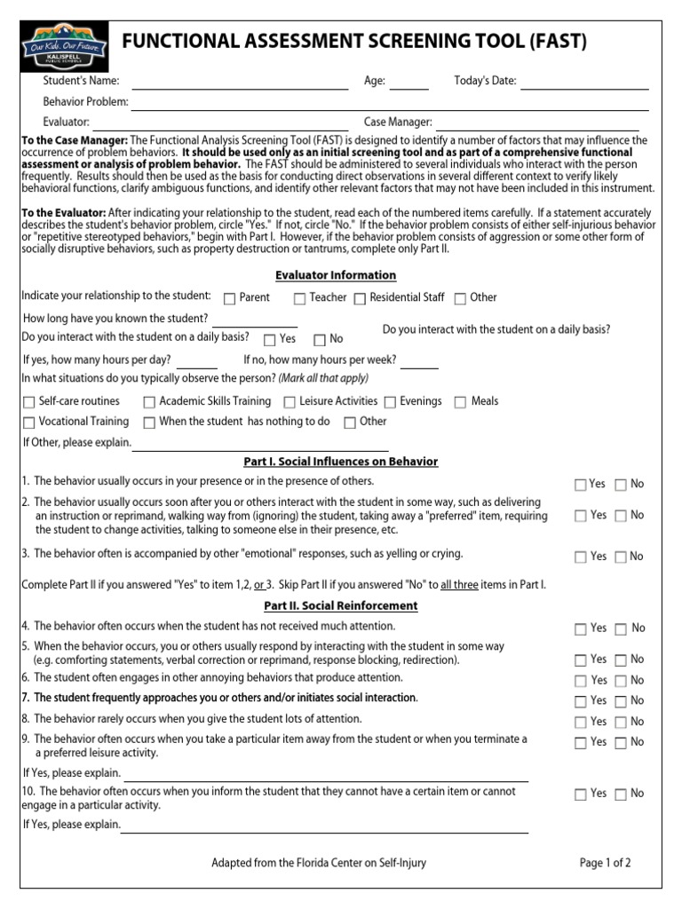 Functional Assessment Screening Tool (Fast) : Evaluator Information ...