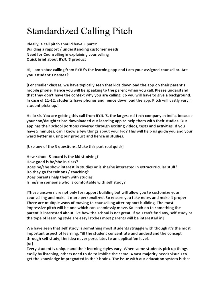 BYJU'S Standardized Call Pitch Guide | PDF | Teaching | Communication