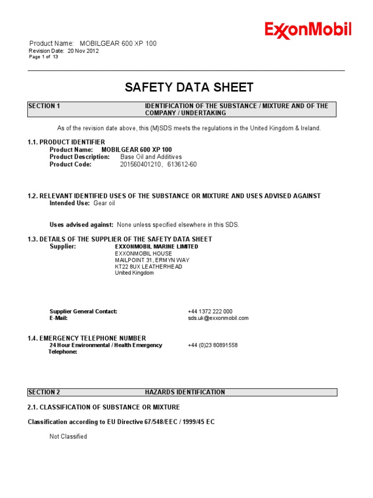 Safety Data Sheet: Product Name: MOBILGEAR 600 XP 100 PDF, 52% OFF