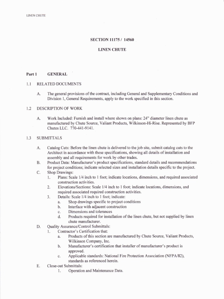 Specification for Installing a 24-Inch Diameter Linen Chute System ...