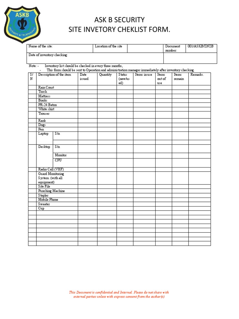 Site Invetory Checklist Form | PDF