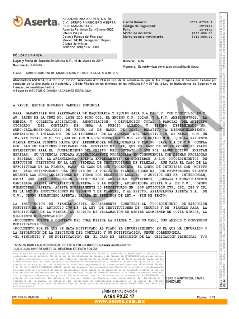 Fianza Ejemplo | PDF | Póliza de seguros | Pagos