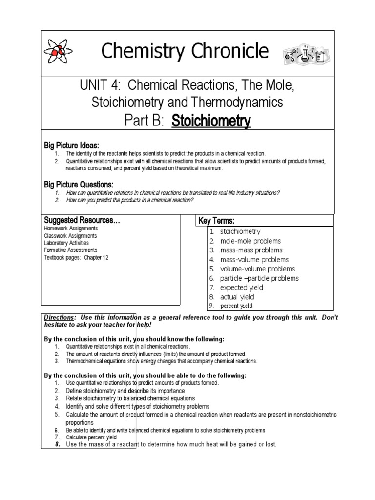 Part B: Stoichiometry: UNIT 4: Chemical Reactions, The Mole ...