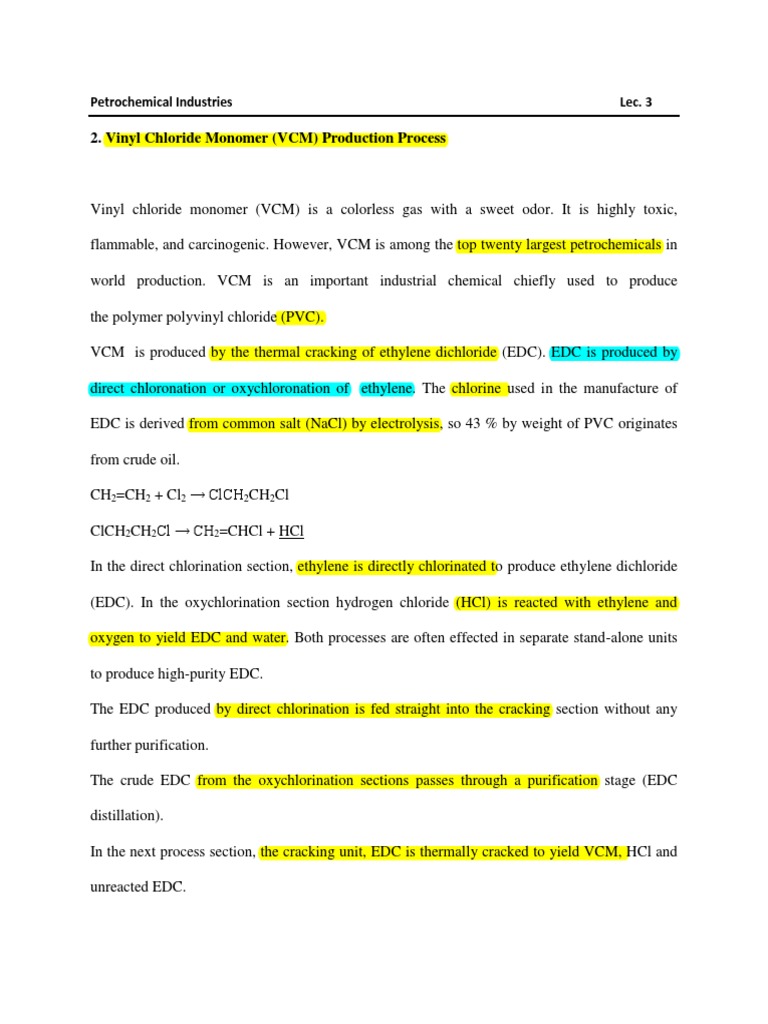 Vinyl Chloride Monomer (VCM) Production Process | PDF | Chemical ...