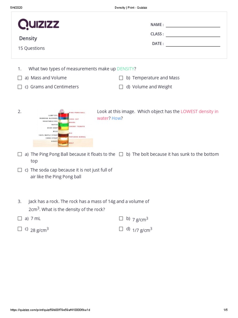 Density - Print - Quizizz | PDF | Density | Quantity