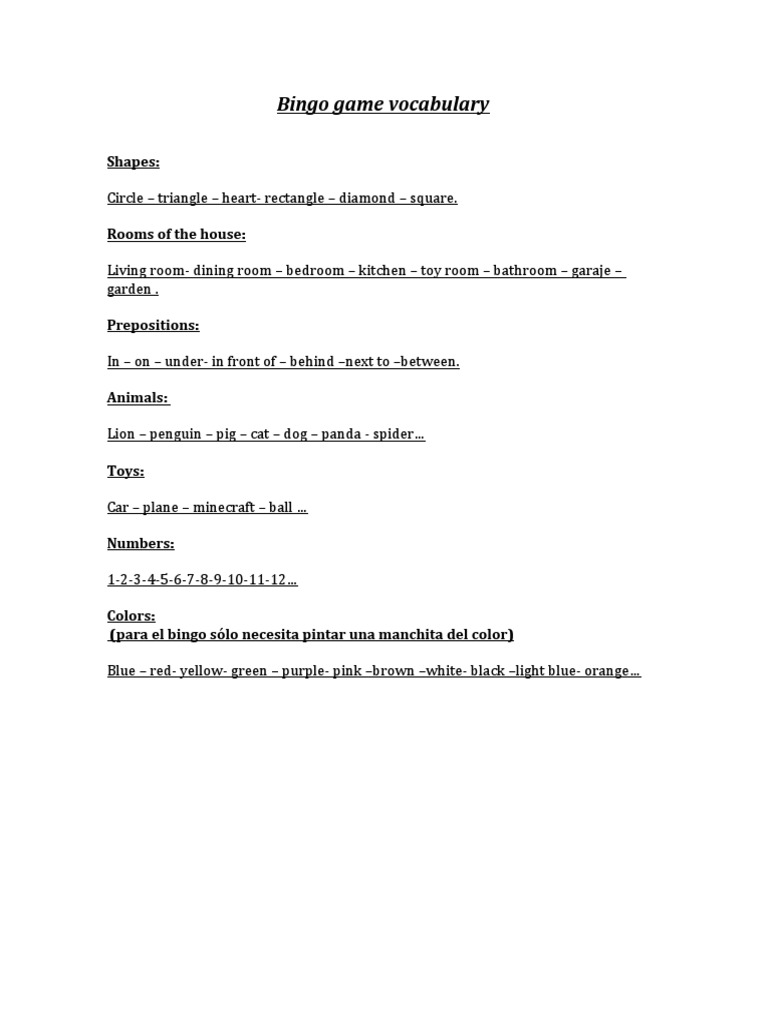 Bingo Game Vocabulario | PDF