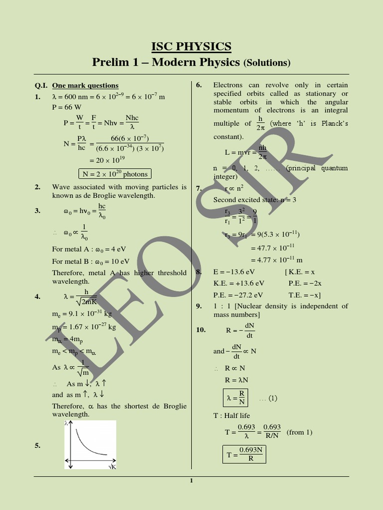 Isc Physics Prelim 1 - Modern Physics: (Solutions) | PDF | Electronvolt | Electron