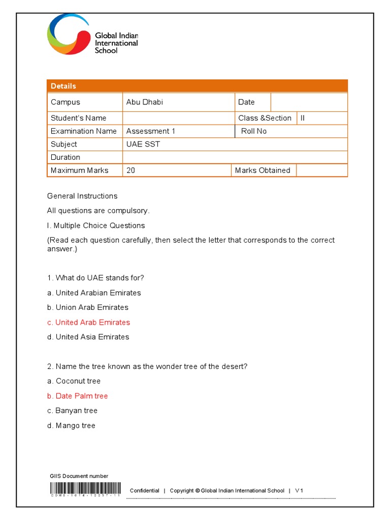 GR 2 - UAE SST A1-2020 - SET B - ANSWER KEY | PDF | United Arab ...