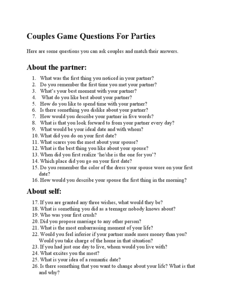 Couples Game Questions For Parties: About The Partner | PDF