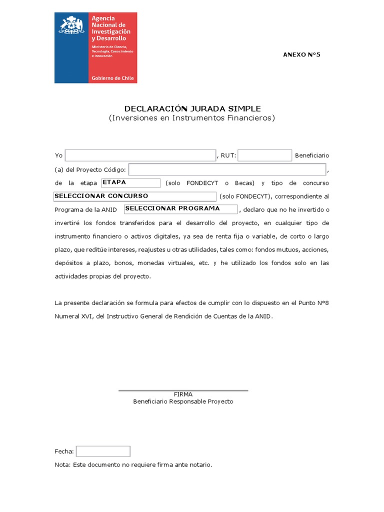 Anexo N°5 Declaración Jurada Inversiones | PDF