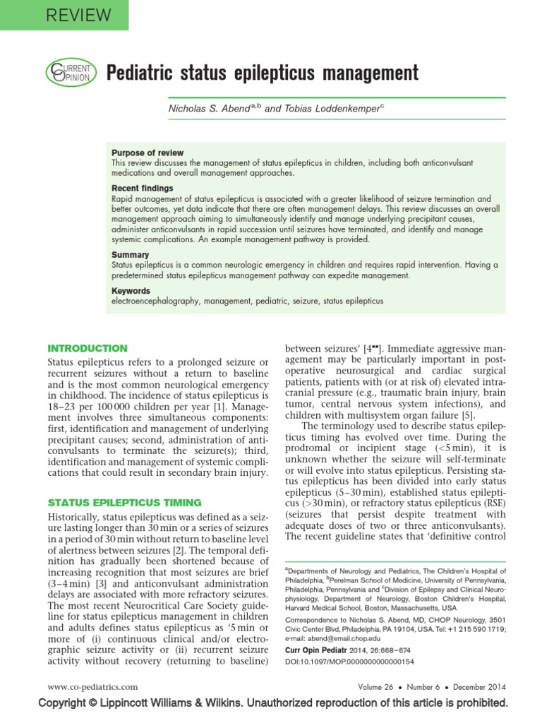 Pediatric Status Epilepticus Management | PDF | Epilepsy | Benzodiazepine