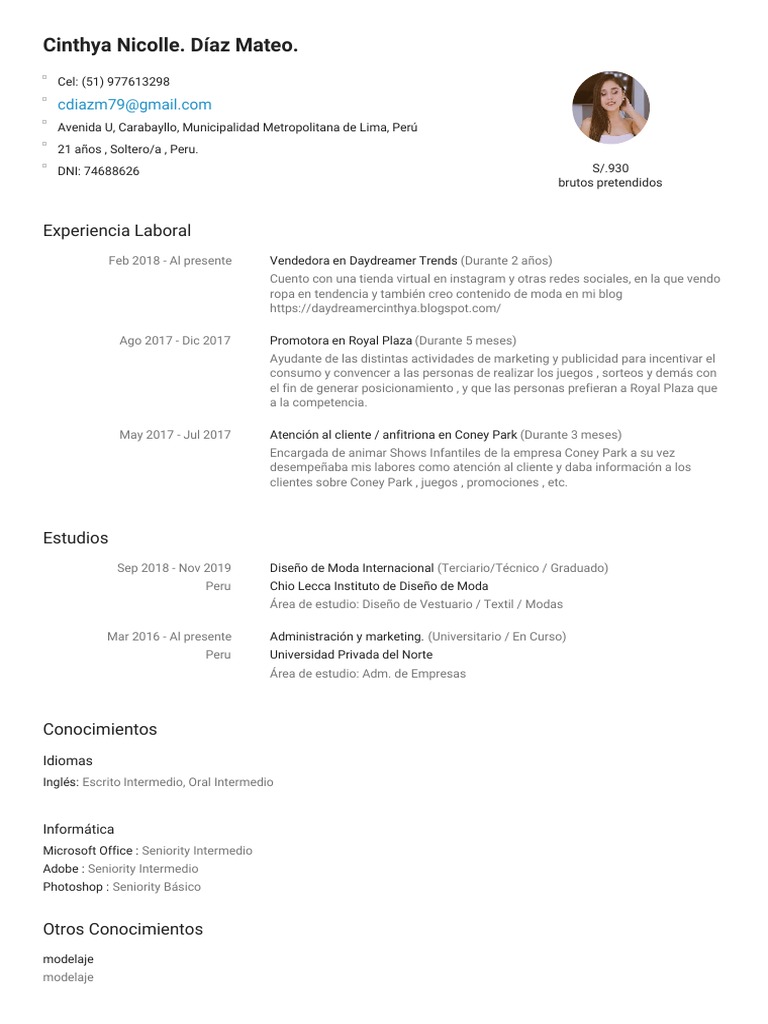 CV Cinthya Nicolle Díaz Mateo | Descargar gratis PDF | Business