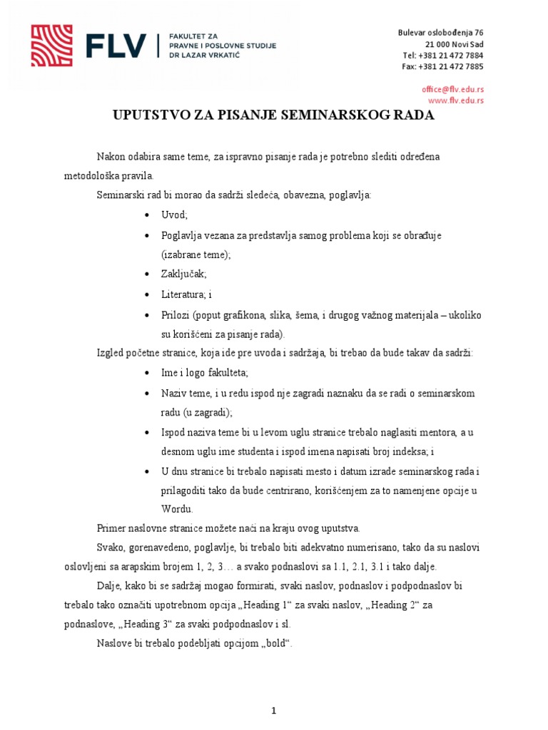 Uputstvo Za Pisanje Seminarskog Rada | PDF