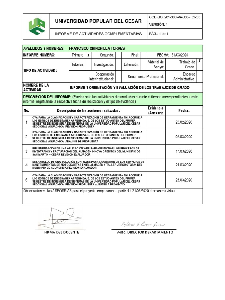 1 FORMATO INFORME ACTIVIDADES COMPLEMENTARIAS PROYECTOS v1 | PDF | Tecnología de información y ...