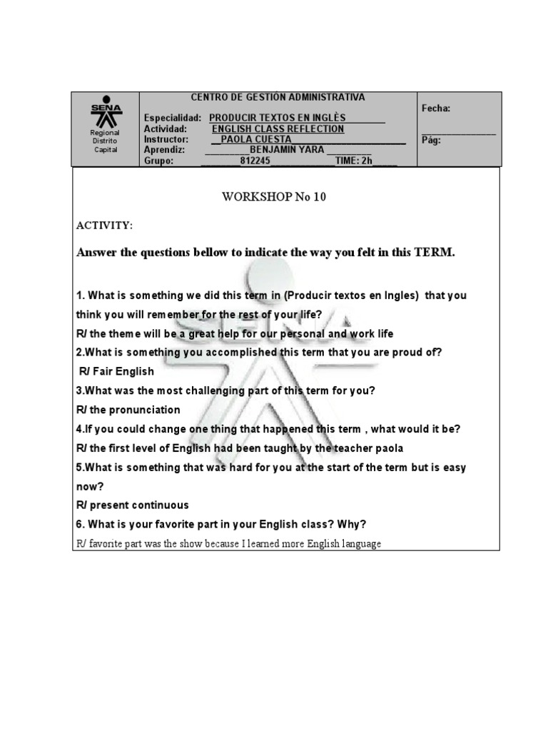 English Class Reflection Workshop 10 | PDF