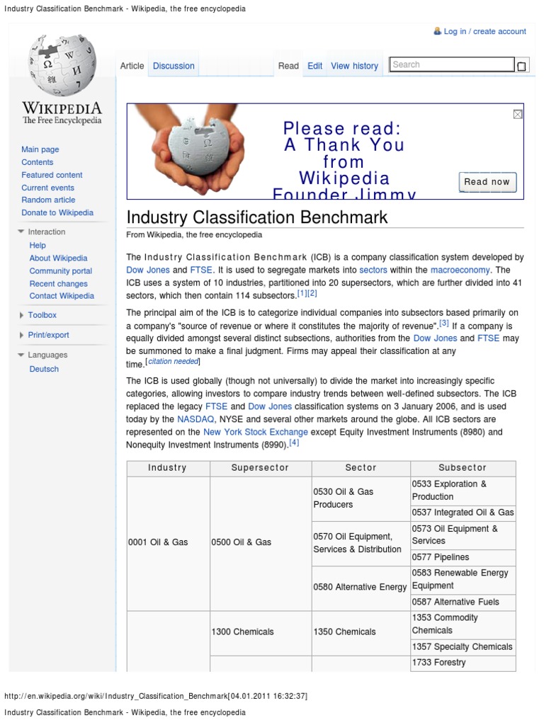 Industry Classification Benchmark - Wikipedia, The Free Encyclopedia ...